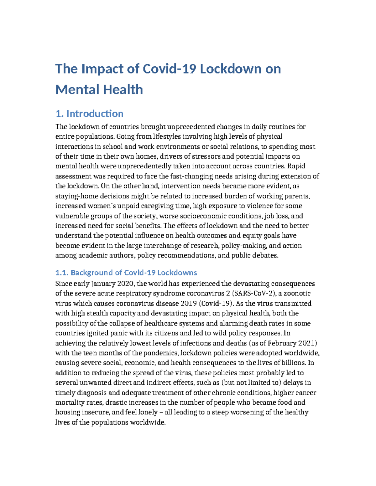 The Impact of Covid-19 Lockdown on Mental Health - Introduction The ...