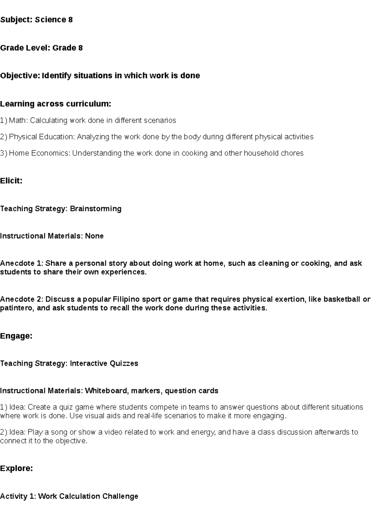 Lesson plan - science - Subject: Science 8 Grade Level: Grade 8 ...
