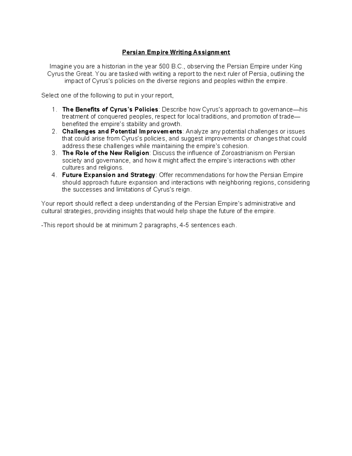 Persian Empire Writing Assignment - Persian Empire Writing Assignment ...