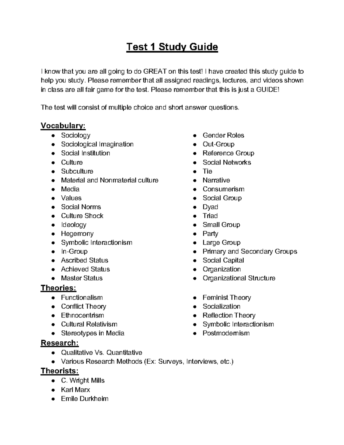 Test 1 Study Guide - Test 1 Study Guide I know that you are all going ...