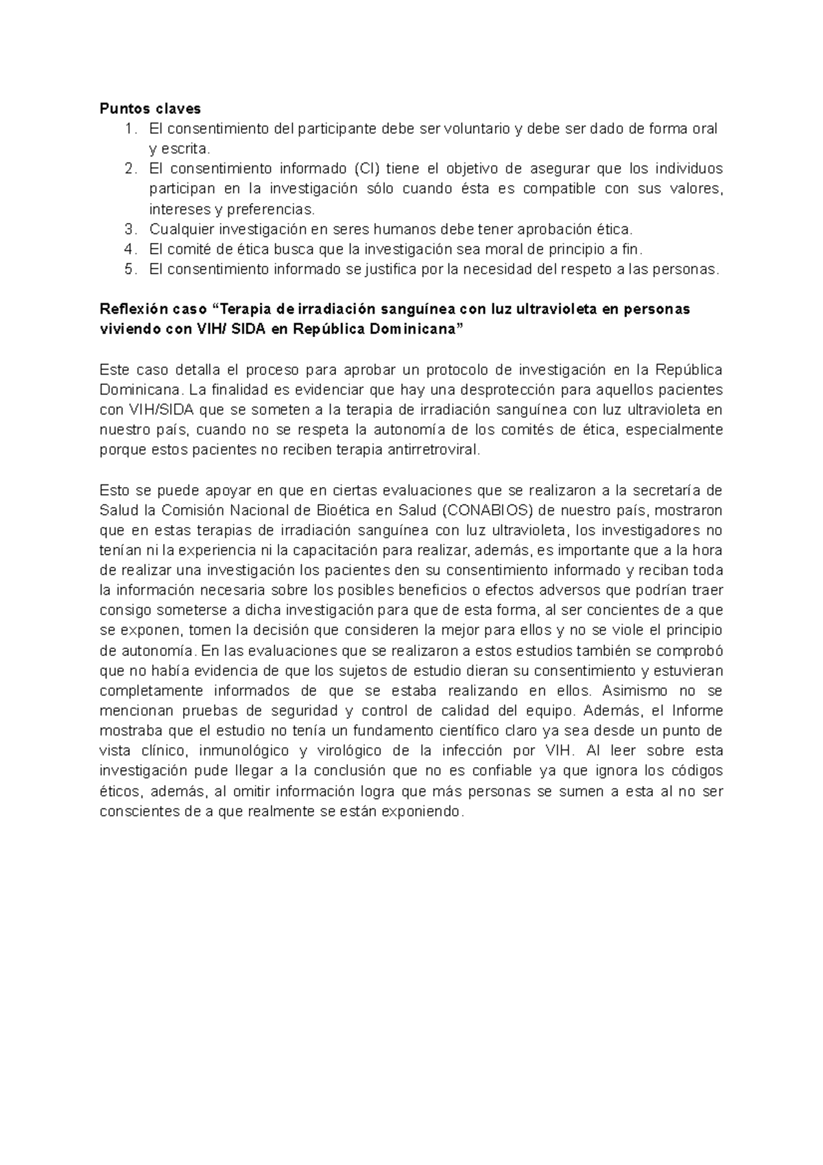 Reflexión sobre caso VIH - Puntos claves 1. El consentimiento del ...