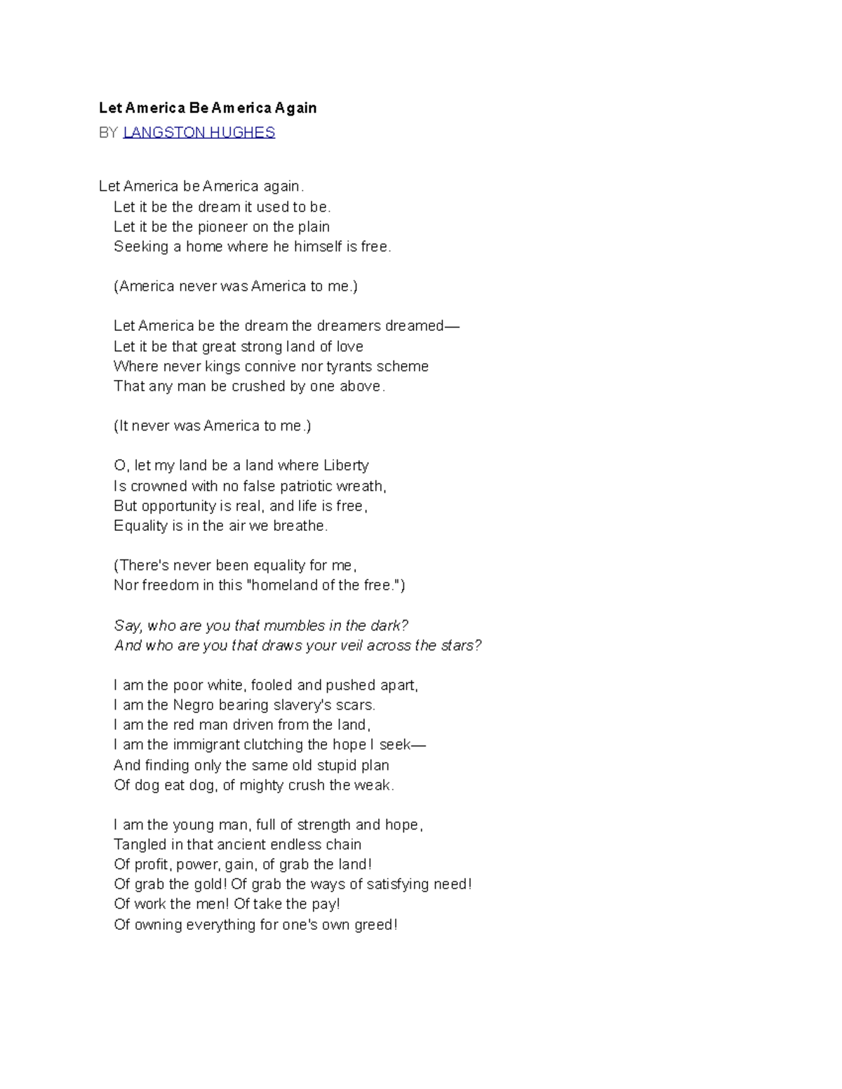 1920s - Langston Hughes (Reading HIPP) - Let America Be America Again ...