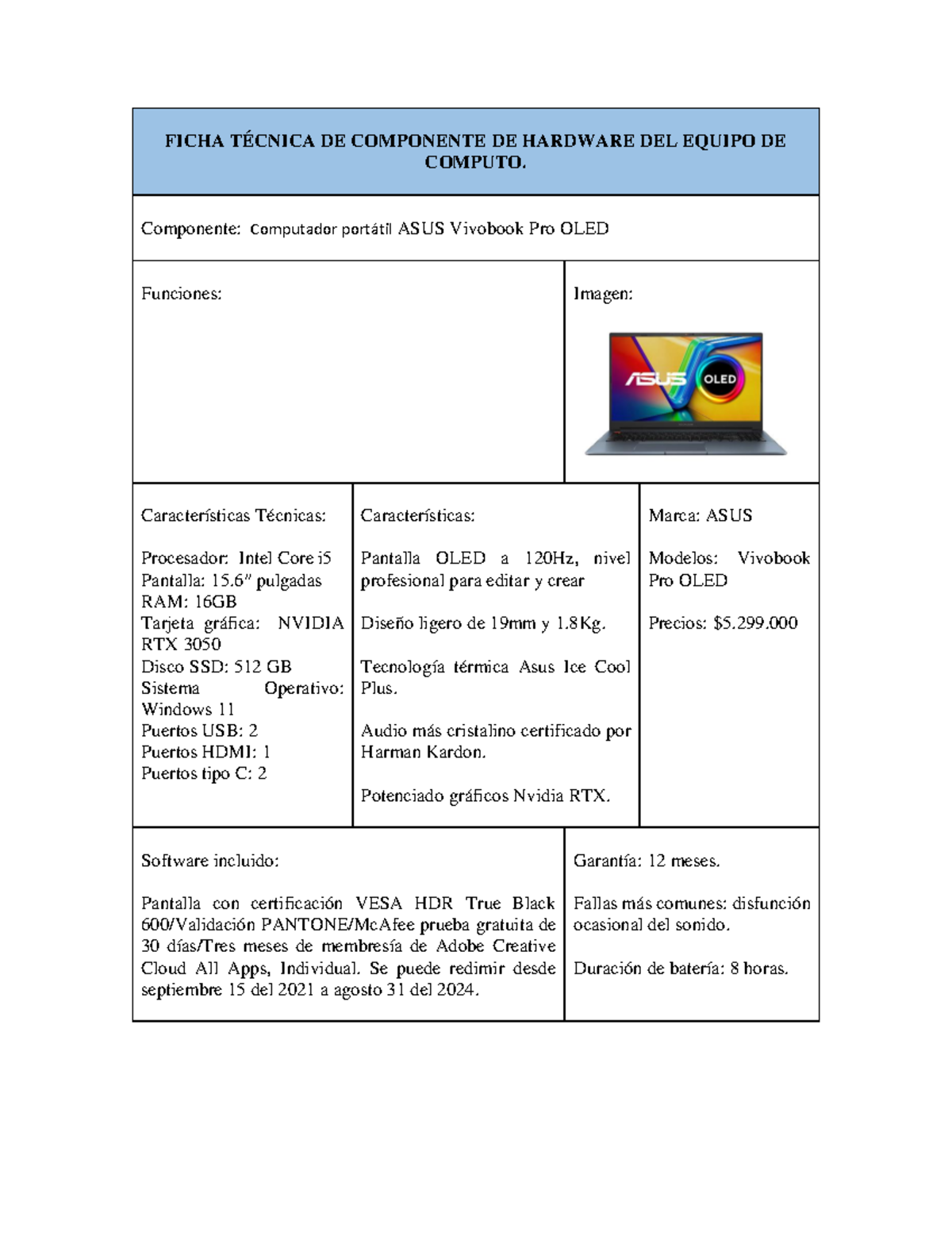 Ficha Técnica DE Componente DE Hardware DEL Equipo DE Computo - COMPUTO. Componente: Computador ...