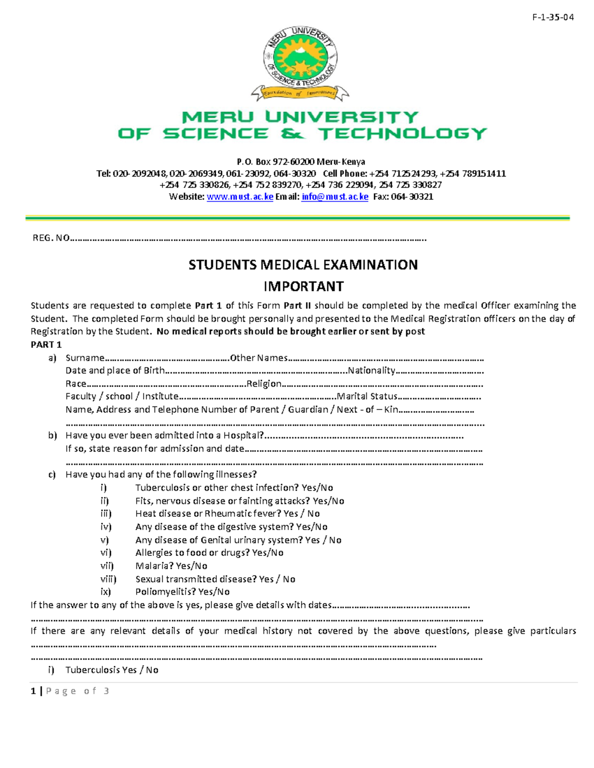 F 1 35 04 medical form - 1 | P a g e o f 3 REG. - Studocu
