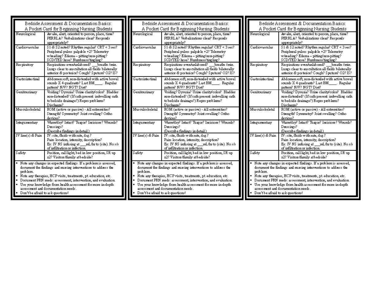 QSEN Bedside Assessment Pocket Card Revised 3 - Bedside Assessment ...