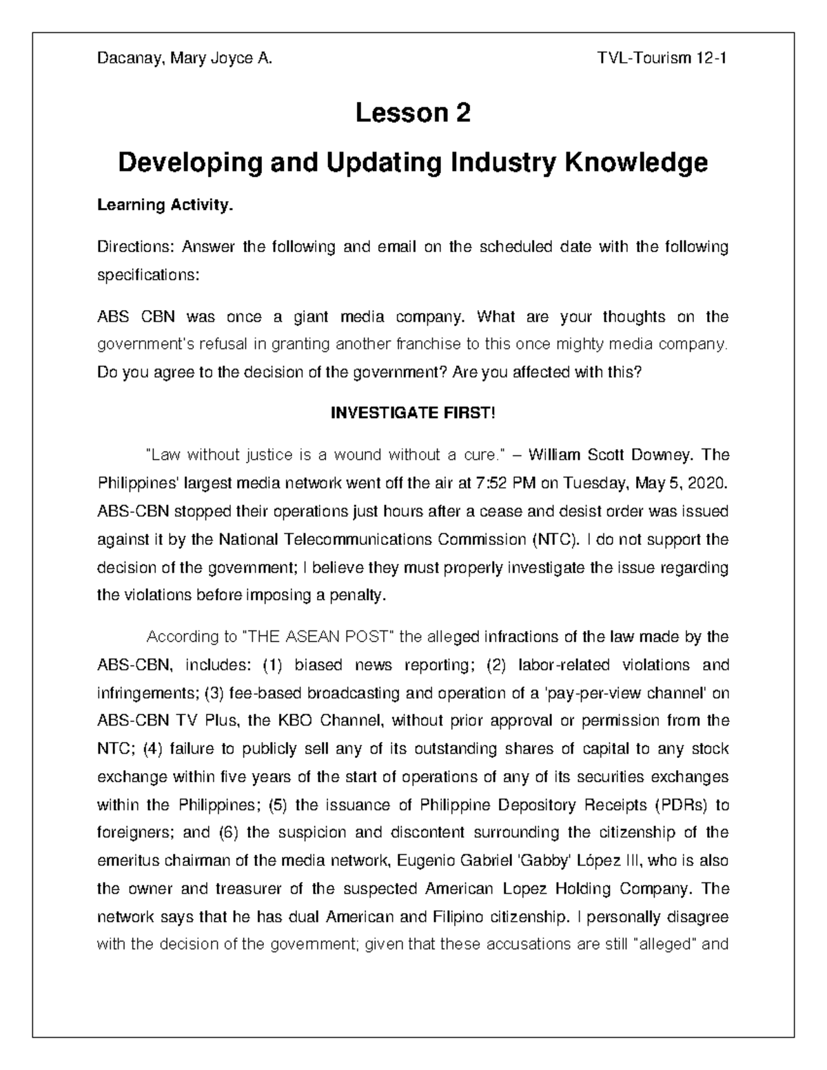 Lesson 2 Developing and Updating Industry Knowledge - Directions ...