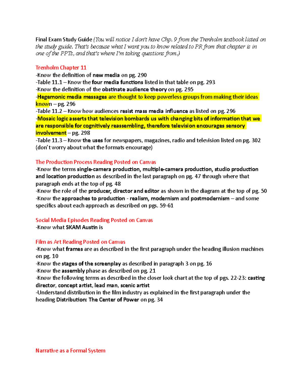 Fall 2020 Study Guide Final Exam - Final Exam Study Guide (You will ...