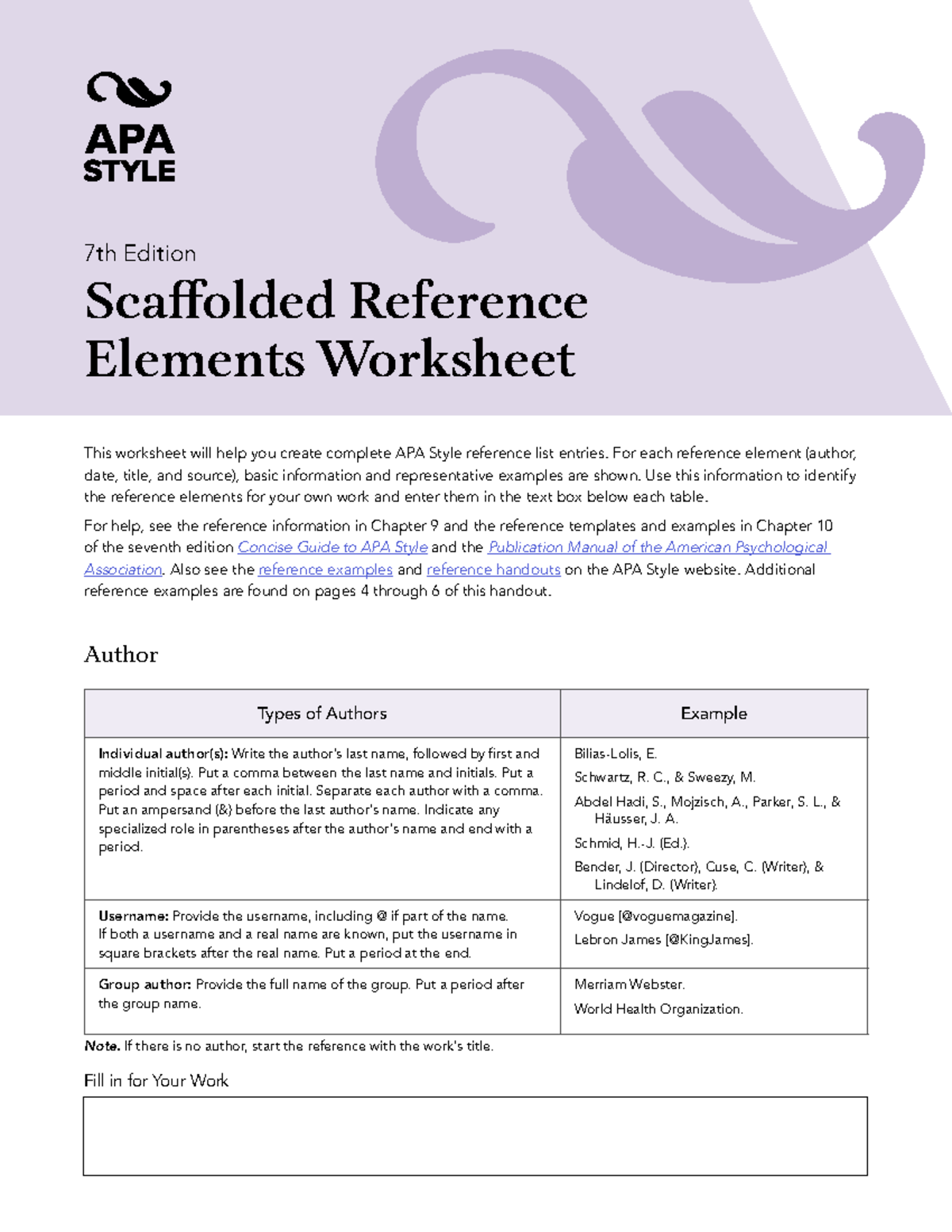 Scaffolded reference elements worksheet - 7th Edition Scaffolded ...