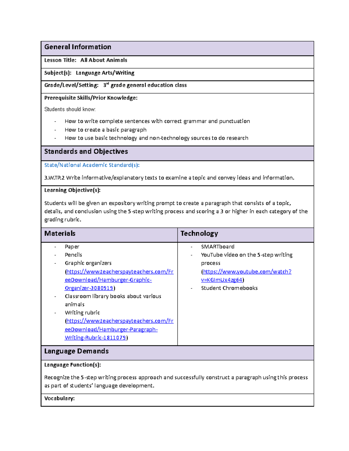 TASK 1 Language ARTS Instruction Lesson PLAN - C365 - WGU - Studocu