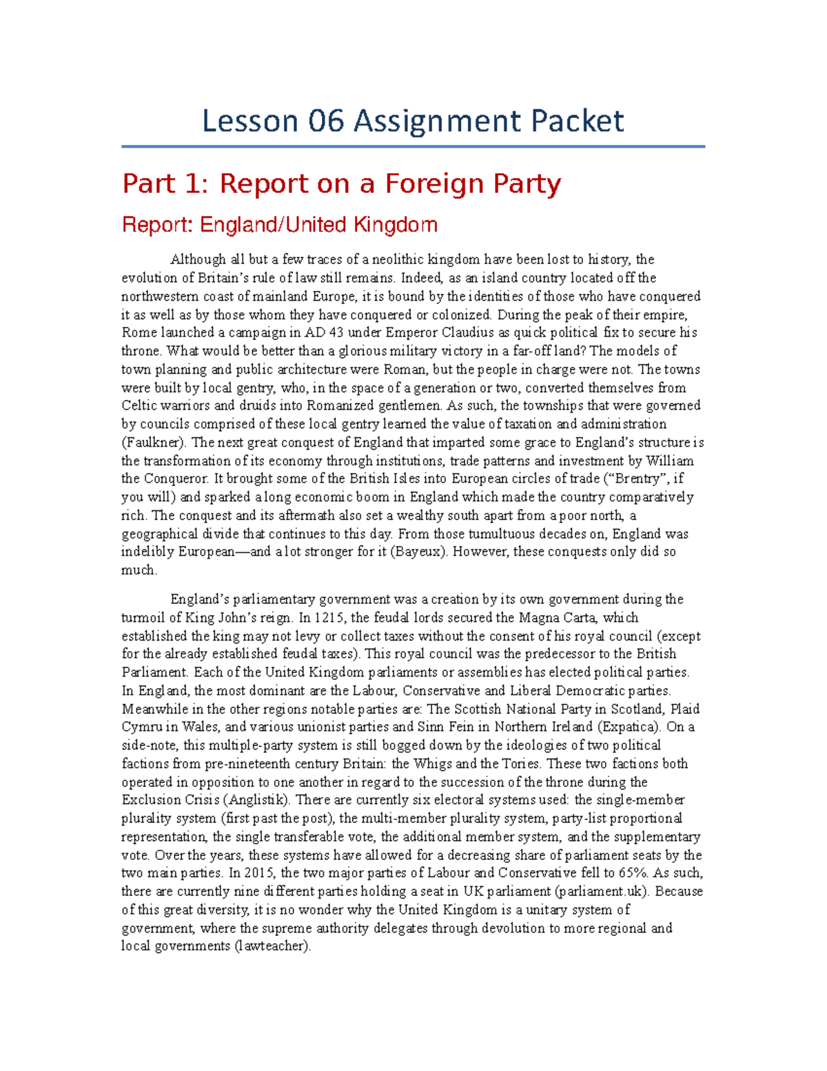 Lesson 06 Assignment Packet - Lesson 06 Assignment Packet Part 1: Report on a Foreign Party ...