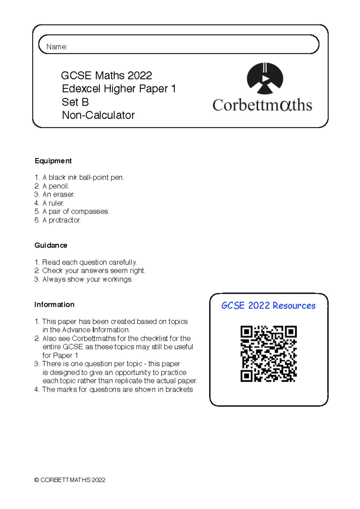 2022 Edexcel Higher Paper 1 Set B - Name: GCSE Maths 2022 Edexcel ...
