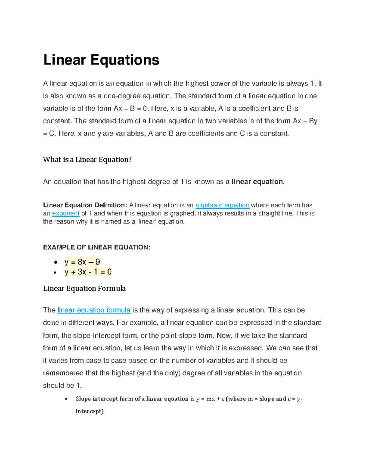 Linear Equations - n\a - Linear Equations A linear equation is an ...