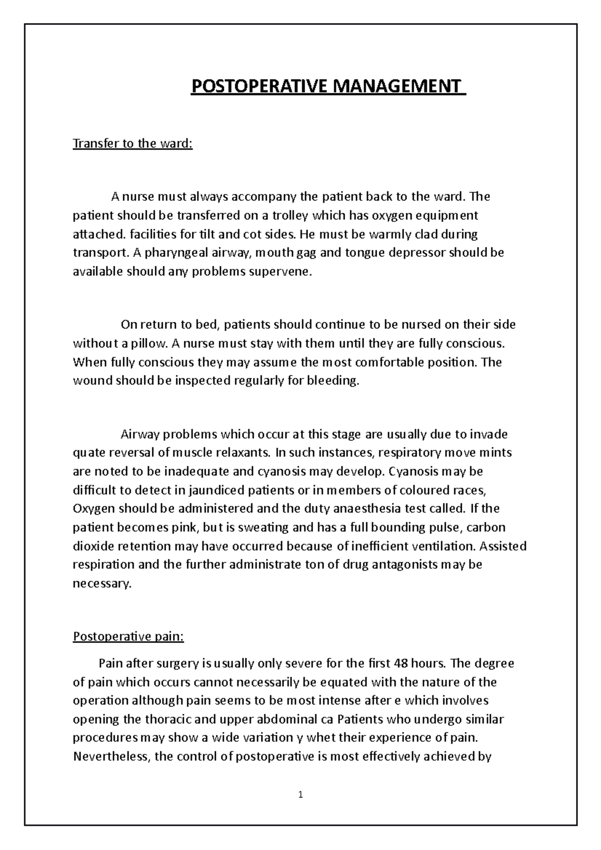 Postoperative Management - POSTOPERATIVE MANAGEMENT Transfer to the ...