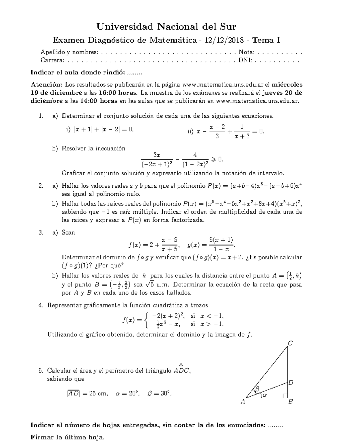 Diagnóstico 2018 - nivelacion - Universidad Nacional del Sur Examen ...