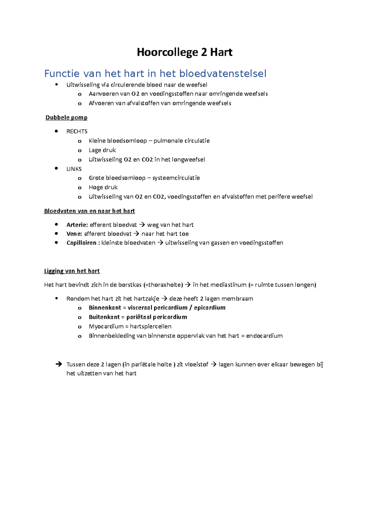 HC 2 Hart - Samenvatting menselijk functioneren 1 - Hoorcollege 2 Hart ...