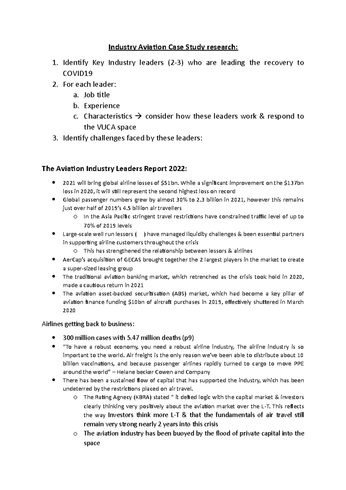 Aviation Industry Fact file - Industry Aviation Case Study research: 1 ...