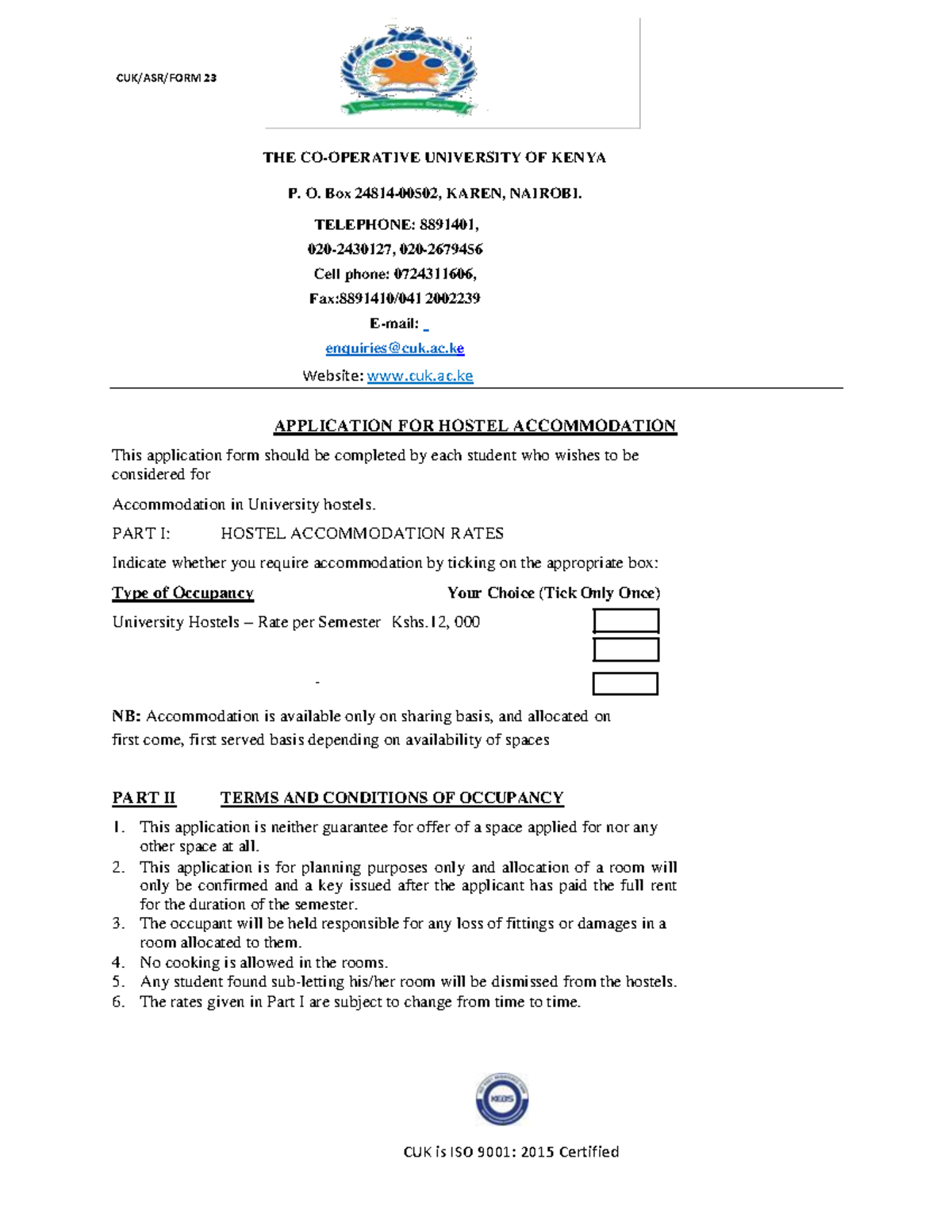 Hostel- Application-FORM - CUK/ASR/FORM 23 THE CO-OPERATIVE UNIVERSITY ...
