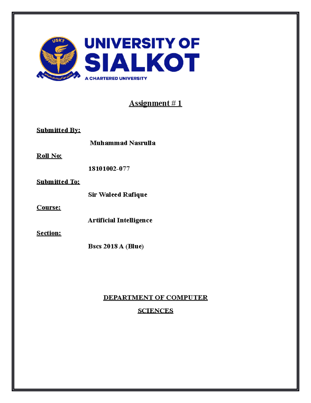 Front - Page for assignment - Assignment # 1 Submitted By: Muhammad ...