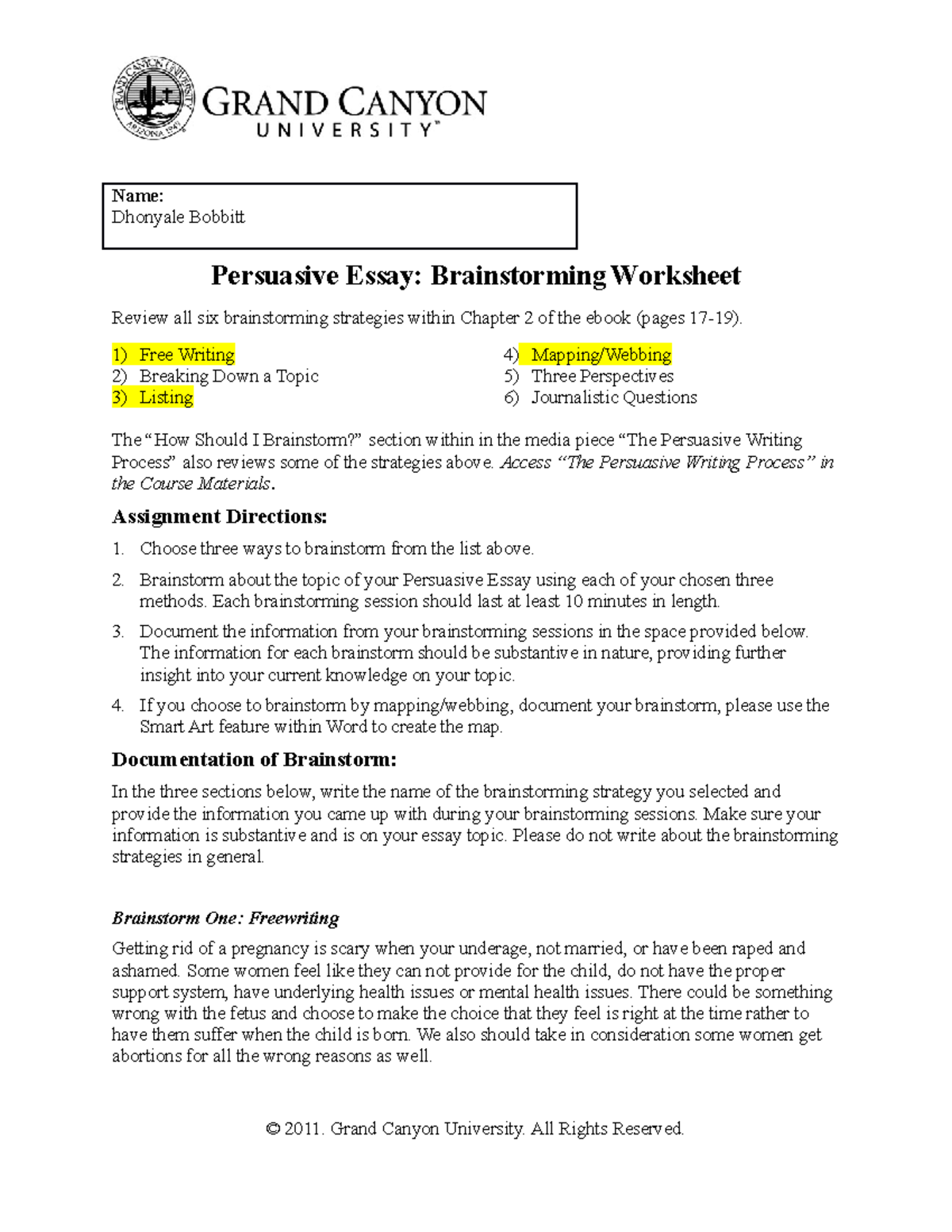 PHI105(T2)Brainstorming - Name: Dhonyale Bobbitt Persuasive Essay ...