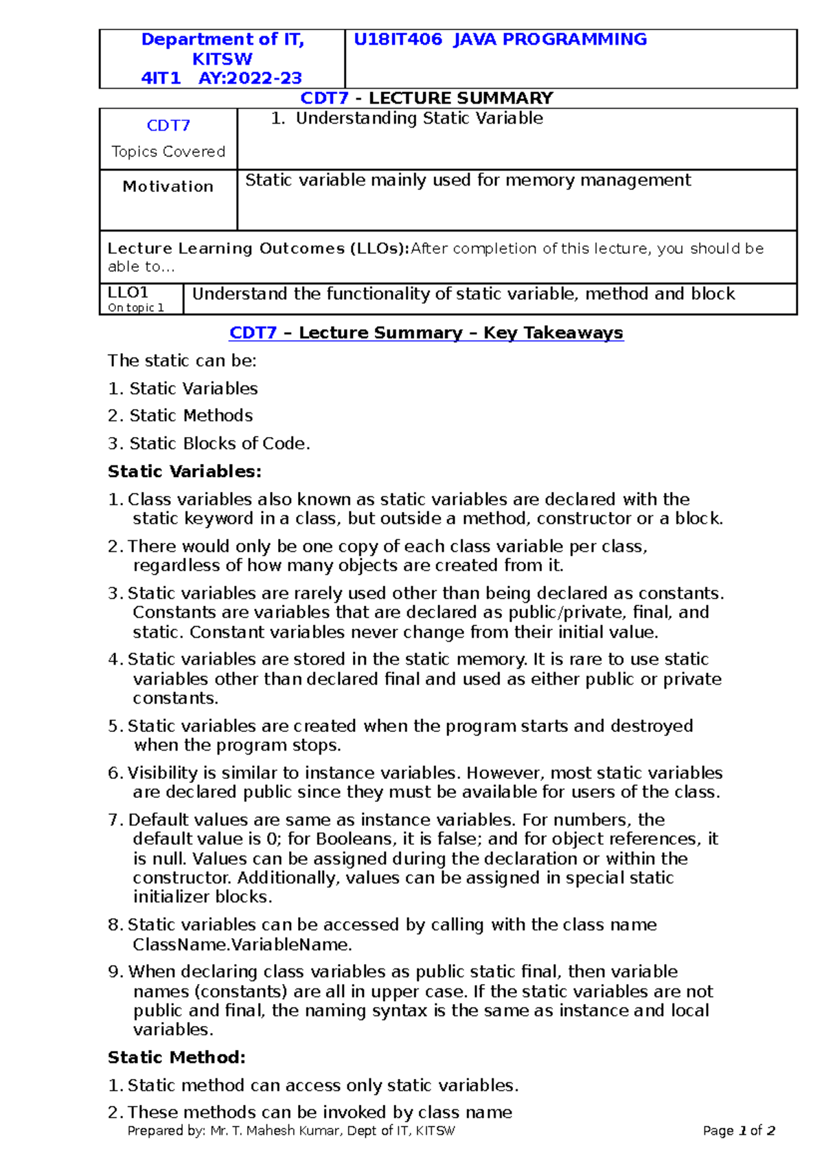 Java Cdt7 Summary 4it1 Tmk Department Of It Kitsw 4it1 Ay2022 U18it406 Java Programming