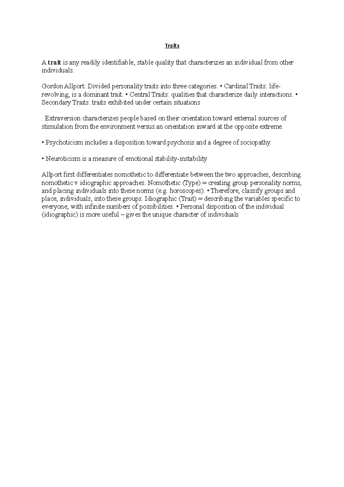 Traits - Traits A trait is any readily identifiable, stable quality that characterizes an ...