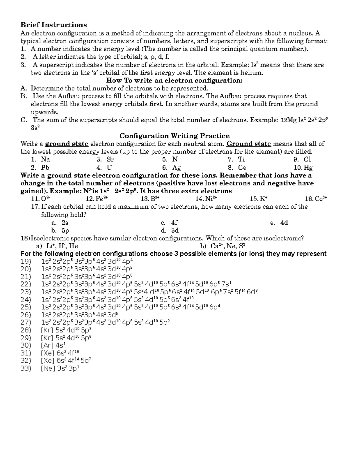 Electron Config practice - 1 - CH222 - Chemeketa - Studocu
