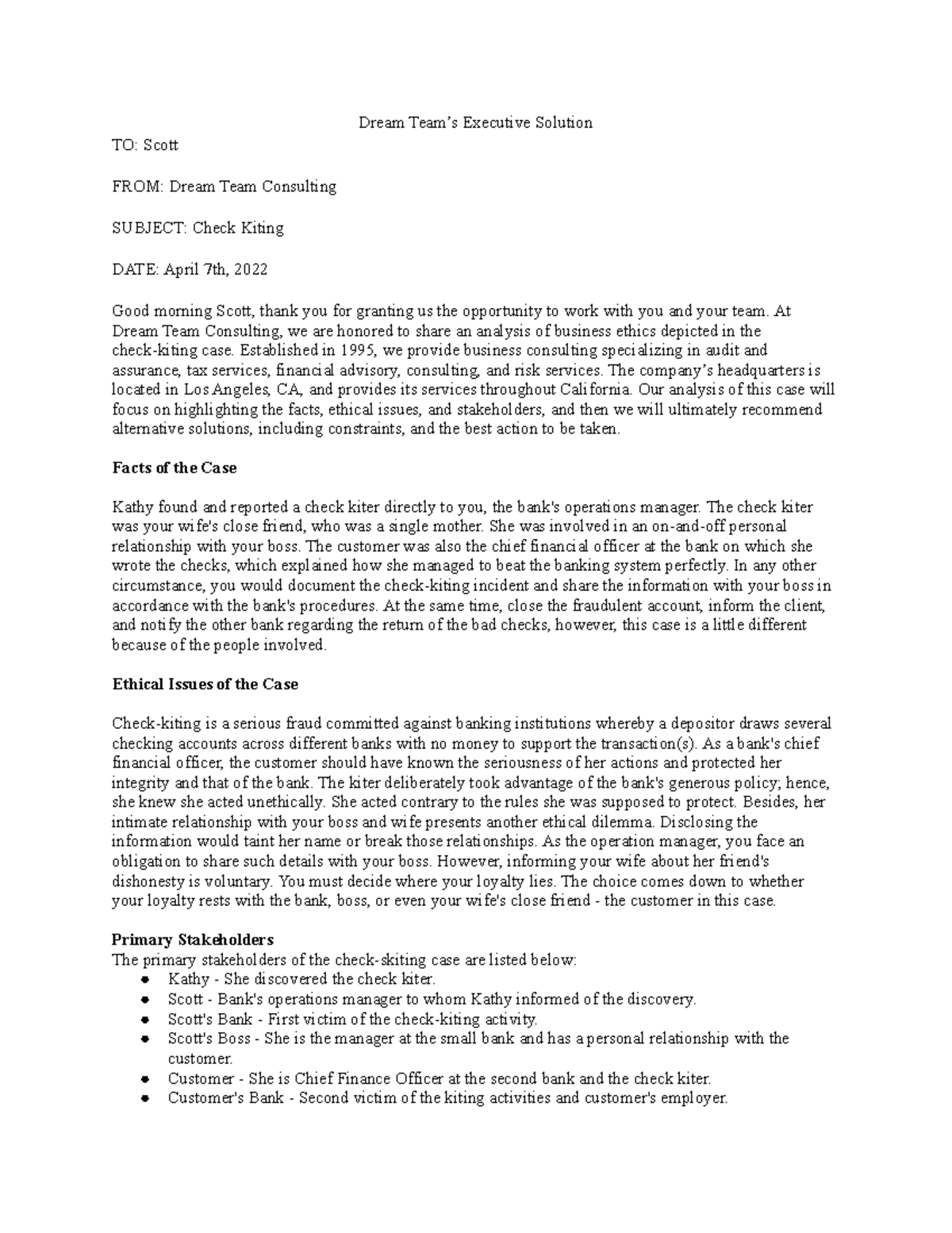BUAD302 Team Ethics Memo - Dream Team’s Executive Solution TO: Scott ...