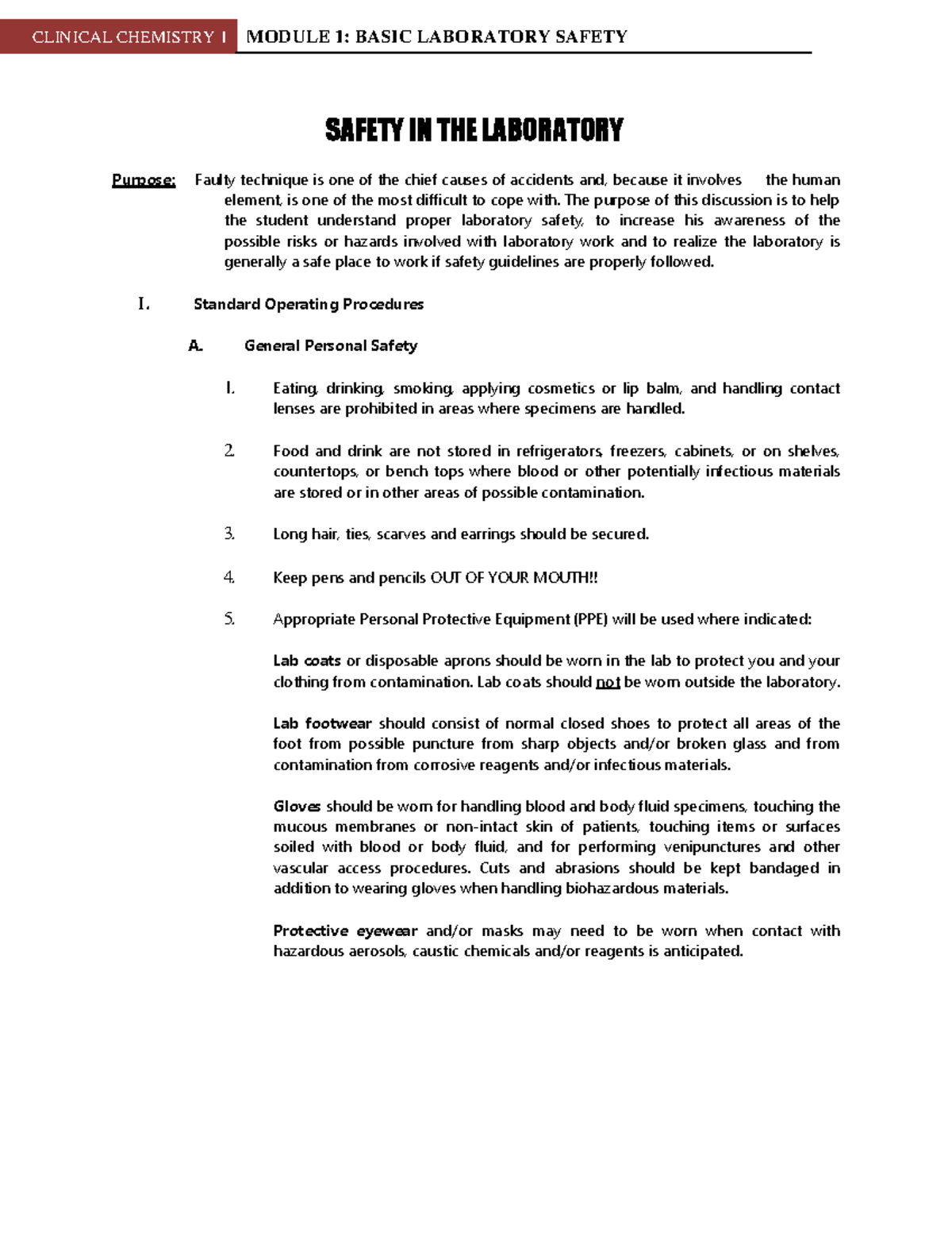 Module 1 - Basic Laboratory Safety - SAFETY IN THE LABORATORY Purpose ...