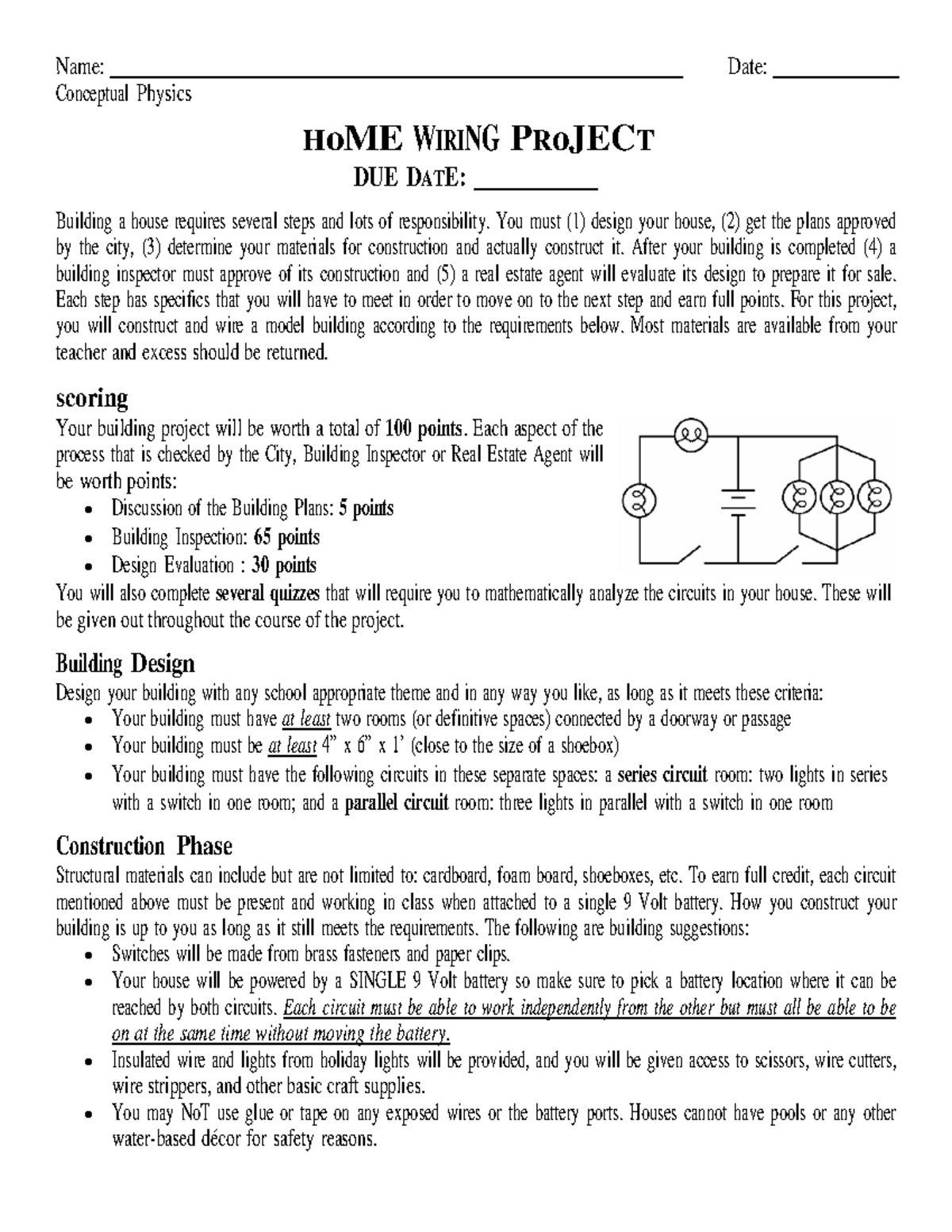 Home Wiring Project-1 - lab - Name: Conceptual Physics Date: HoME ...