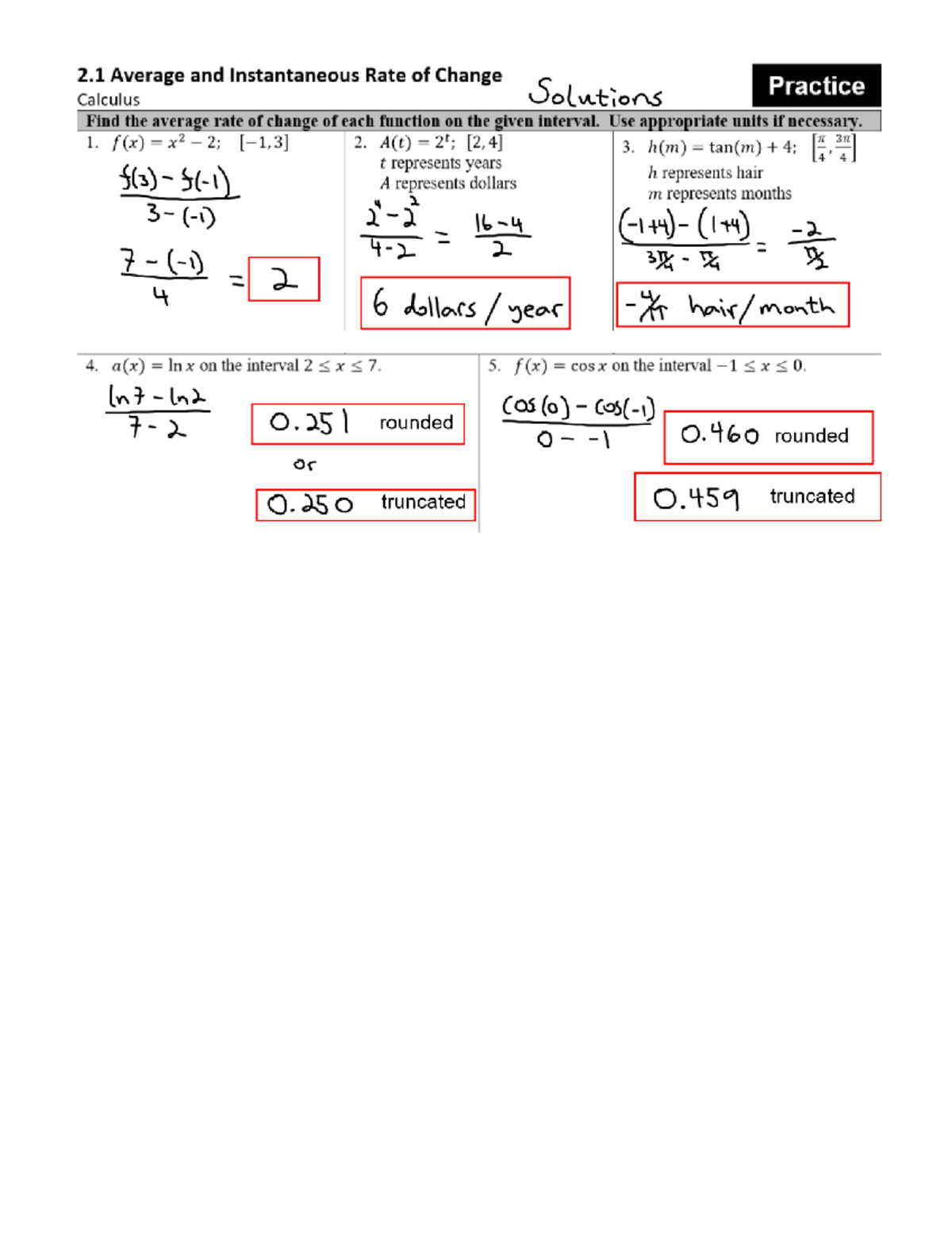 Calc 2 - calc answers - 2 Average and Instantaneous Rate of Change ...