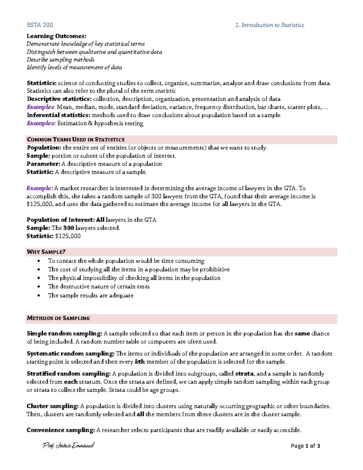 Lecture 1 - perfect information - BSTA 200 1. Introduction to Statistics Prof. Joshua Emmanuel ...