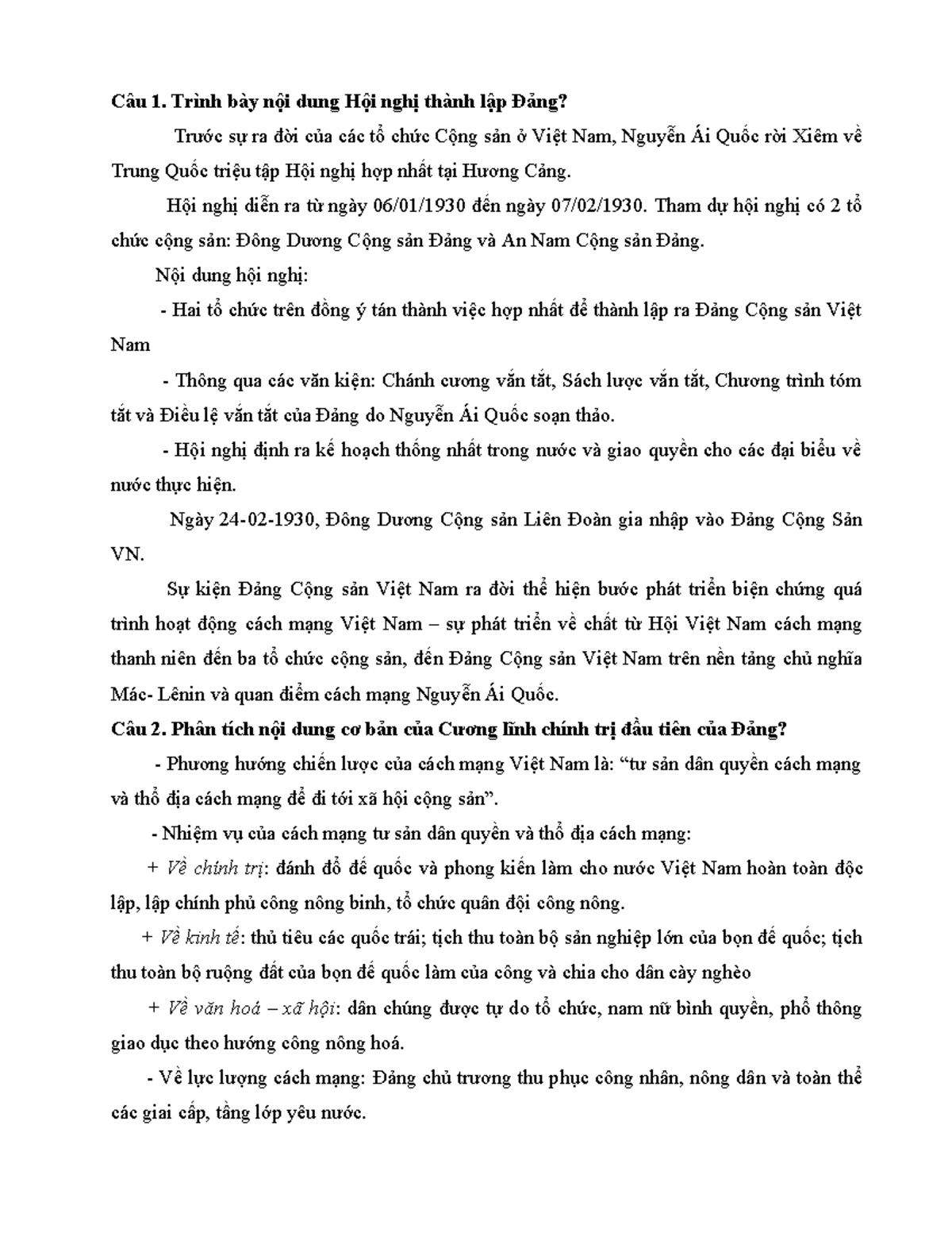 CÂU HỎI ÔN TẬP LSĐ - fjfu - Câu 1. Trình bày nội dung Hội nghị thành ...
