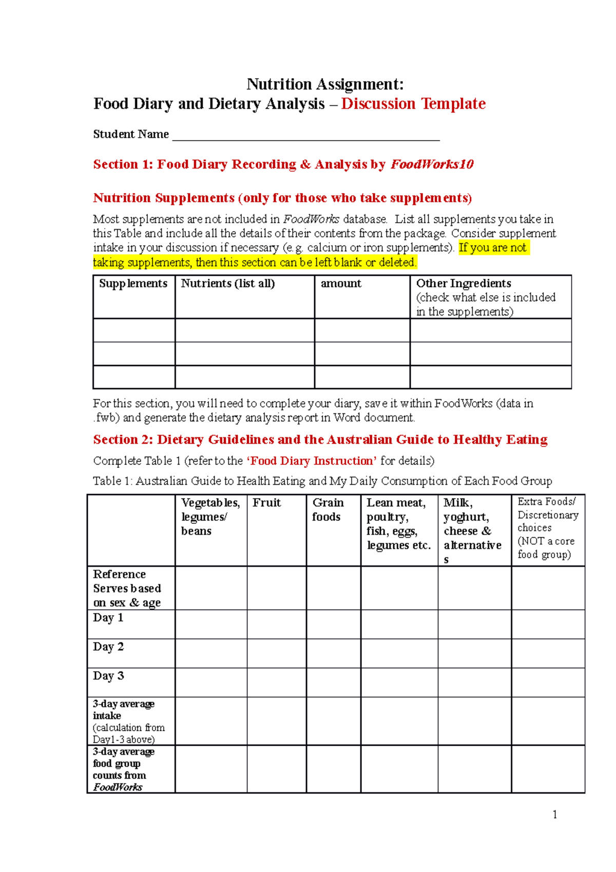 Food Diary Discussion Template 2021 - Nutrition Assignment: Food Diary ...