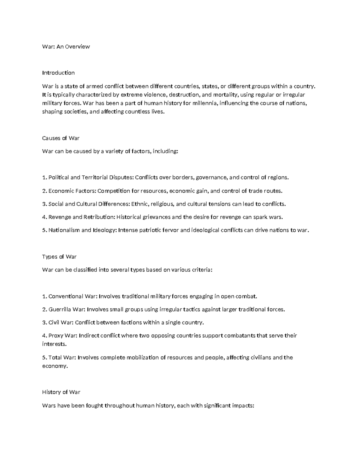 Essay - notes - War: An Overview Introduction War is a state of armed ...