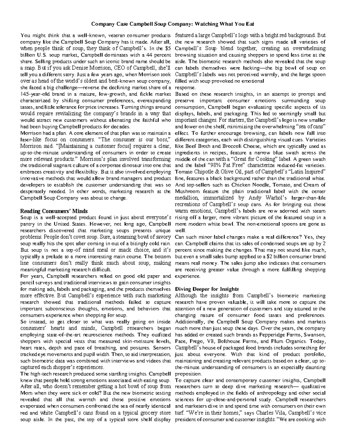 Ch04 Case Study Company Case Campbell Soup Company - Company Case ...
