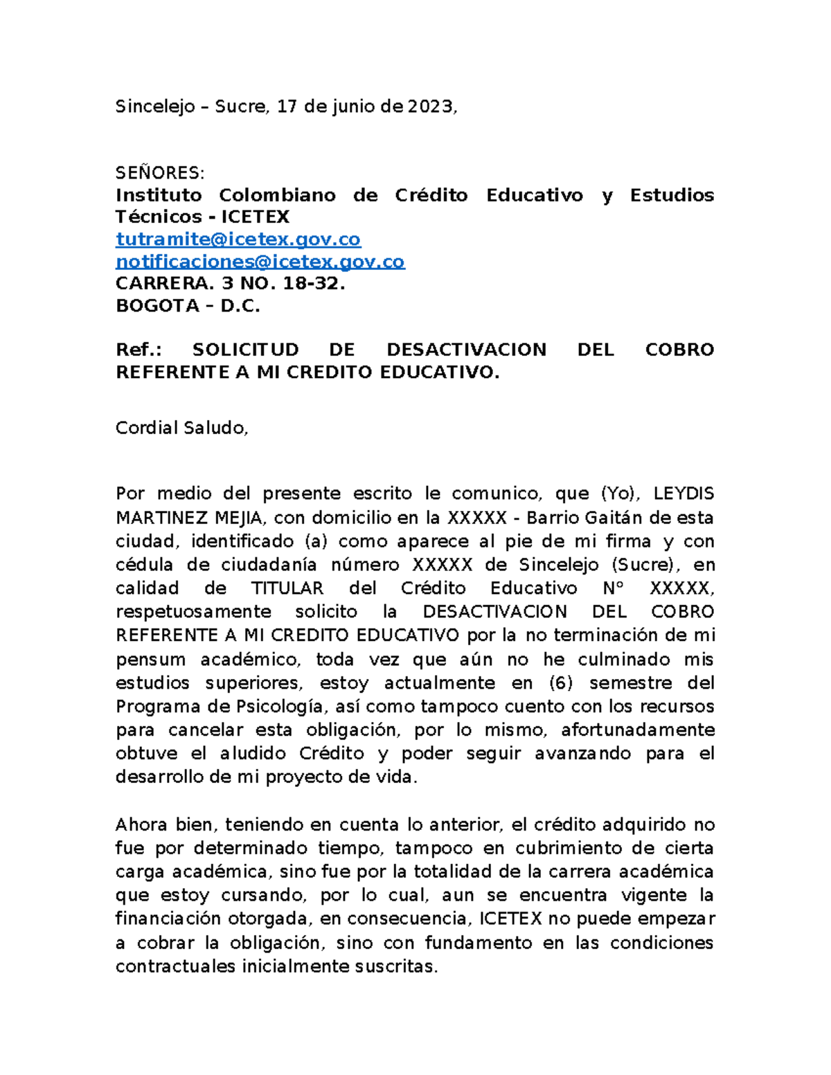 Carta DE Leydi - Icetex - SOLICITUD - Sincelejo – Sucre, 17 de junio de ...