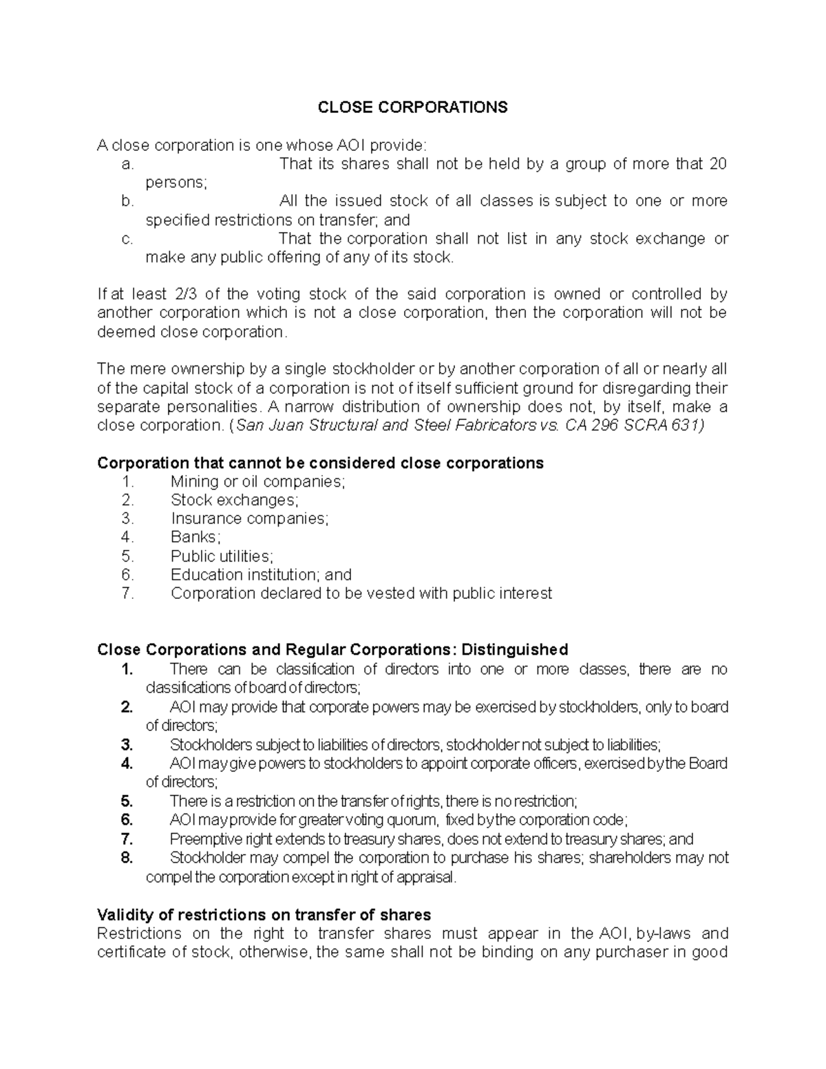 Close Corporations - CLOSE CORPORATIONS A close corporation is one ...