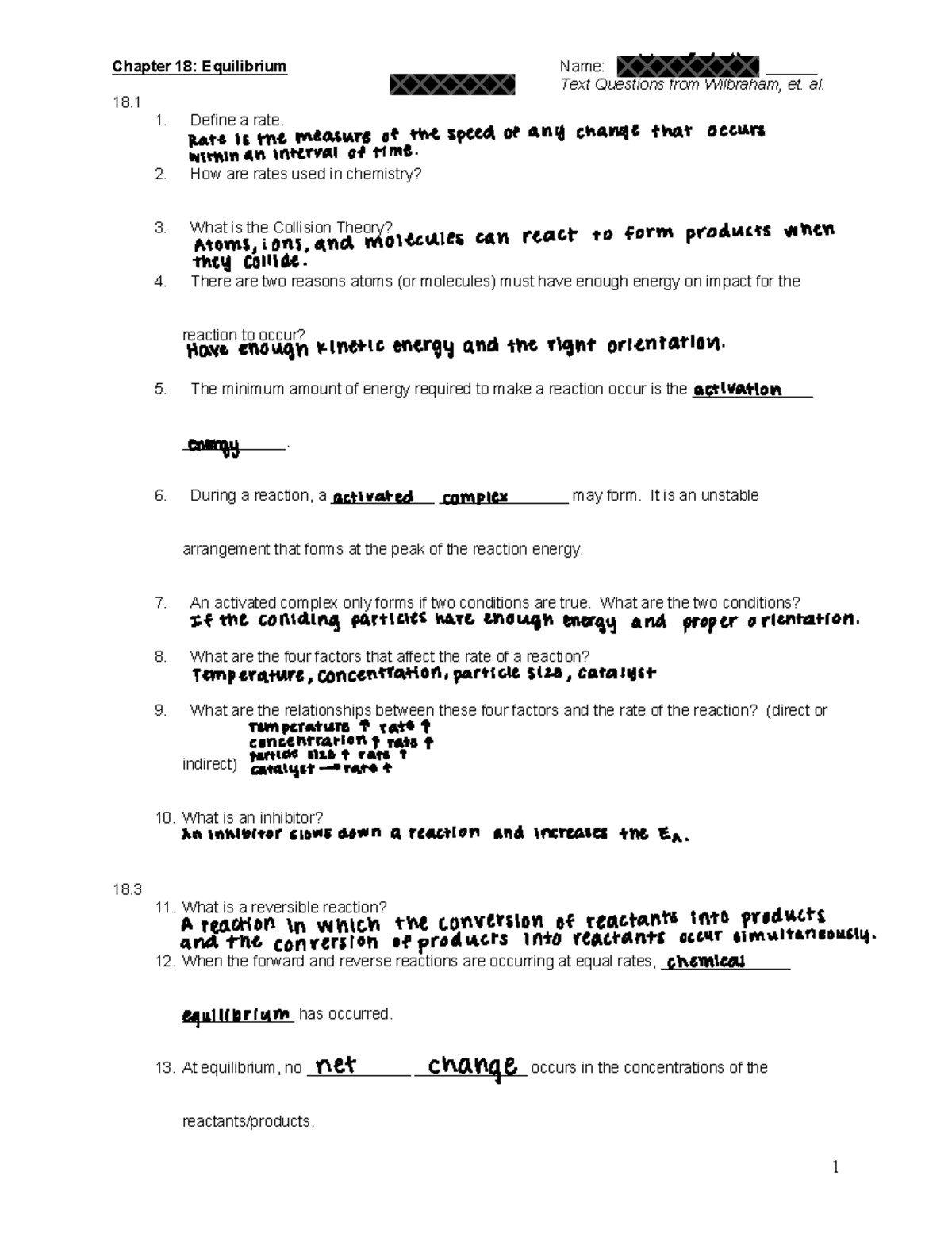 CHEM Practice Packet - Chapter 18: Equilibrium Name: ______ Text ...