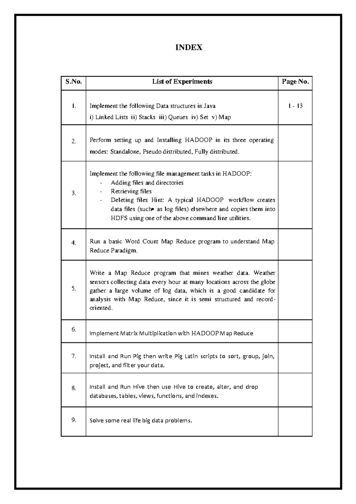 Bda file sample unofficial - INDEX S. List of Experiments Page No. 1. Implement the following ...