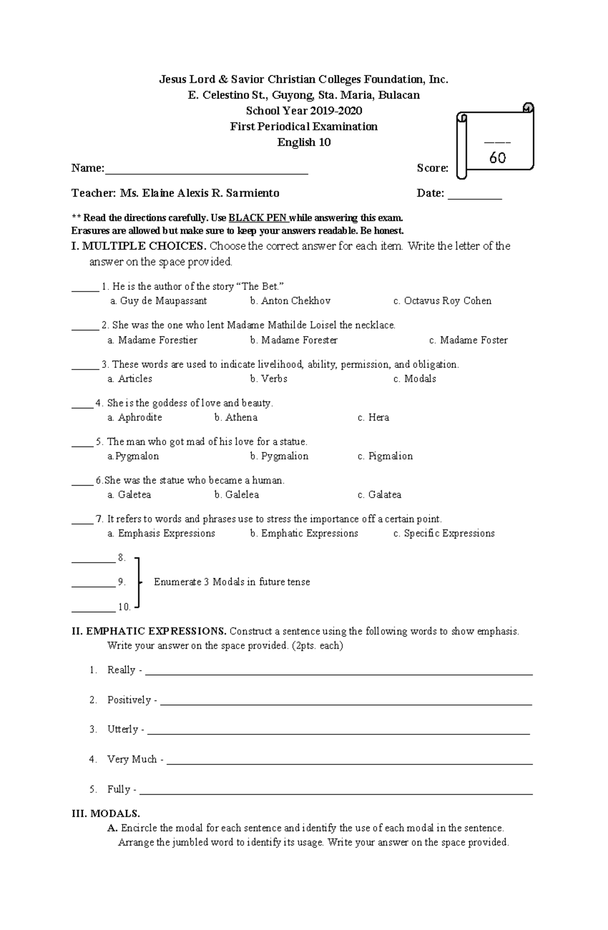 Grade 10 - This is a sample test in English for Junior High School ...