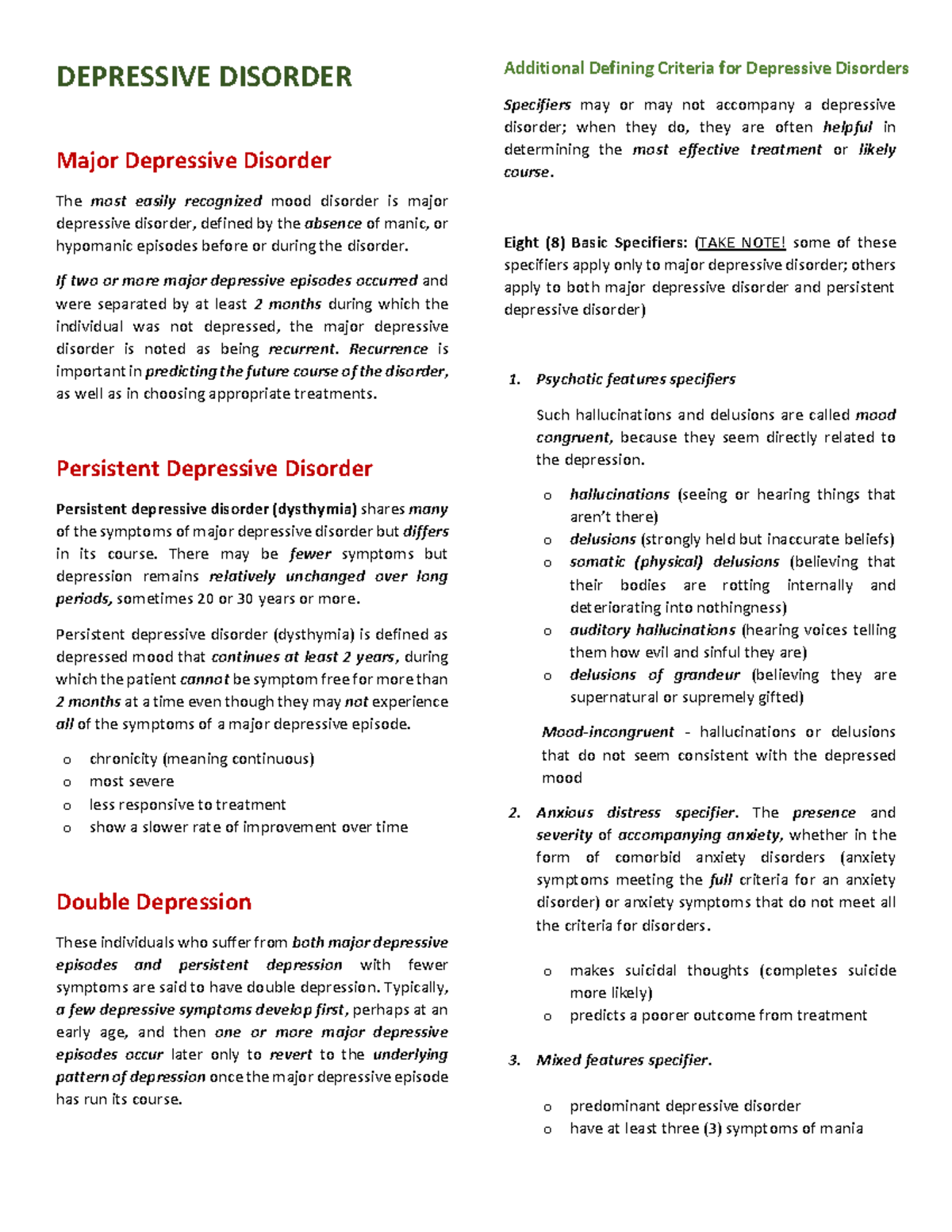 2 - Depressive Disorder - DEPRESSIVE DISORDER Major Depressive Disorder ...