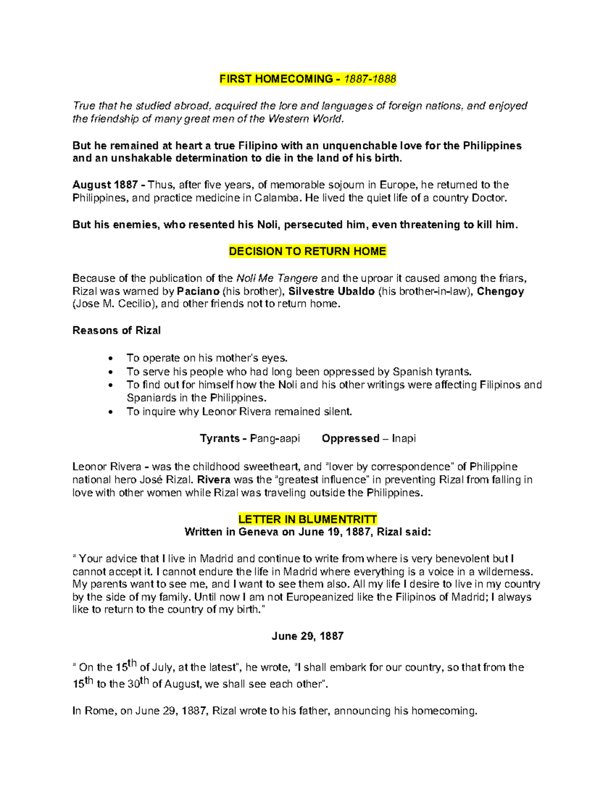 Rizal Semis - 1ST PPT - mmm - FIRST HOMECOMING - 1887 - 1888 True that ...