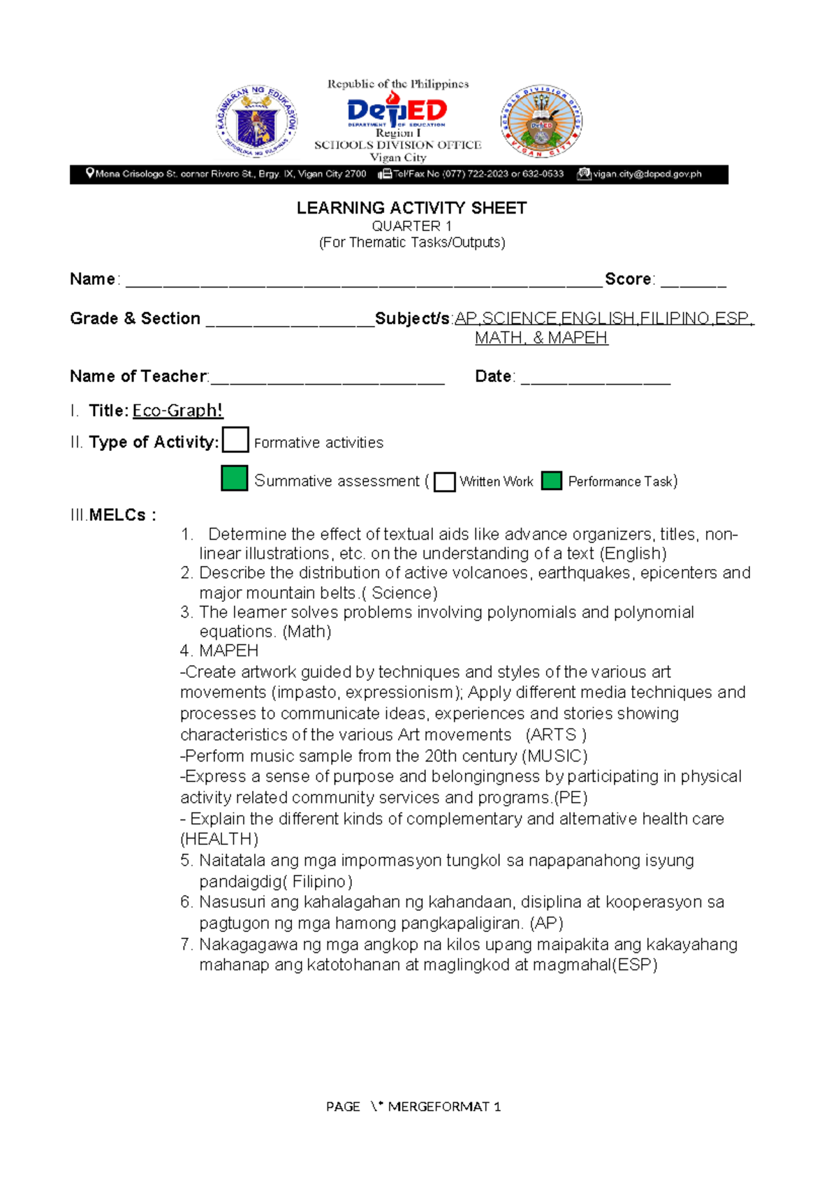 Grade-10LASQ1 Thematic Assessment All-subjects-except-TLE-1 - LEARNING ACTIVITY SHEET QUARTER 1 ...