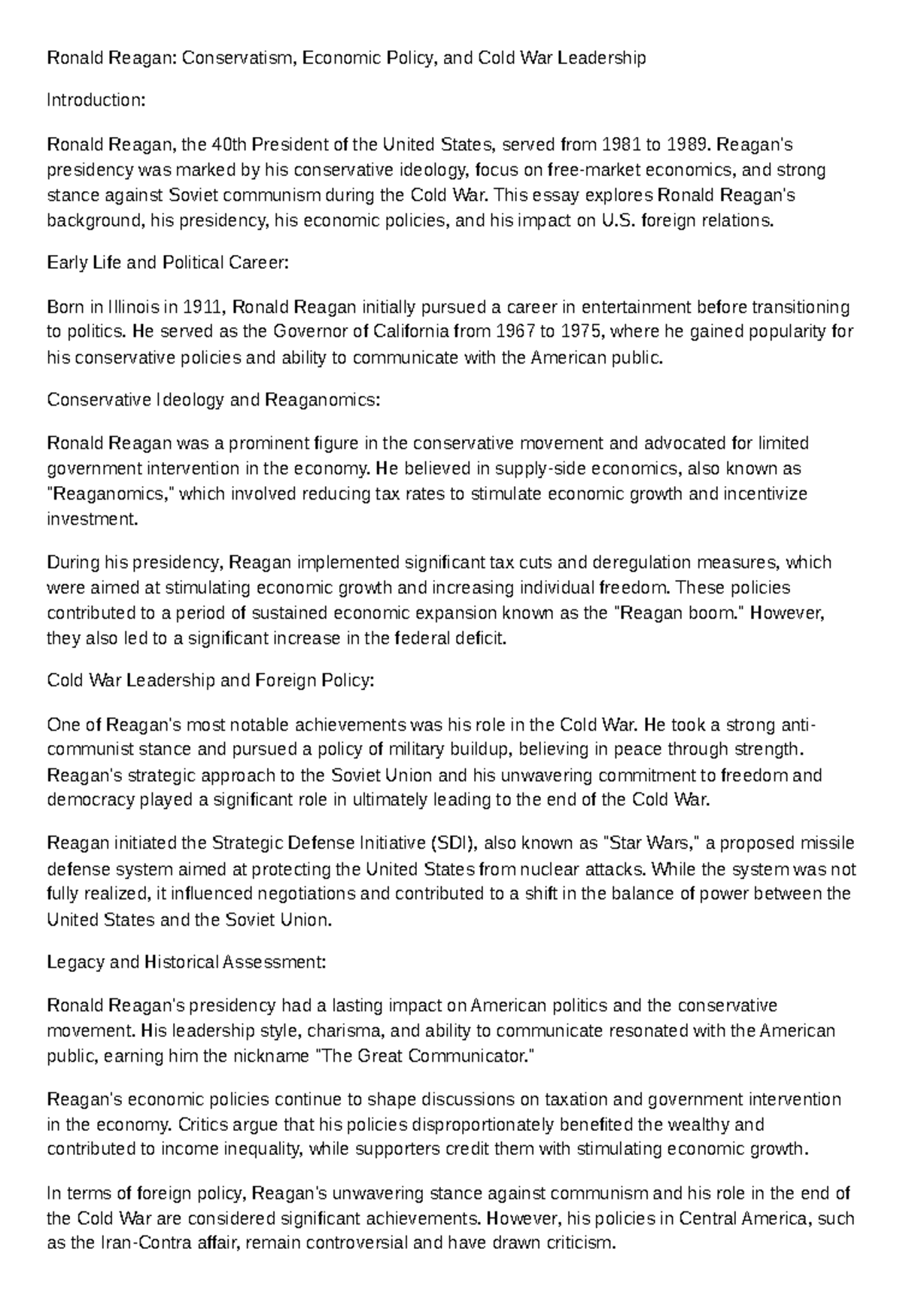 Ronald Reagan Conservatism, Economic Policy, and Cold War Leadership ...