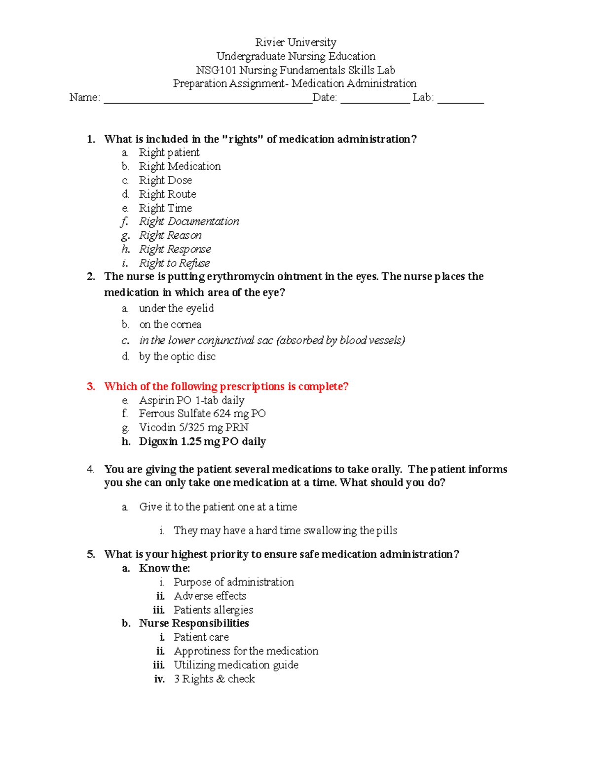 Week 9- Medication Administration Preparation Activity - Rivier ...