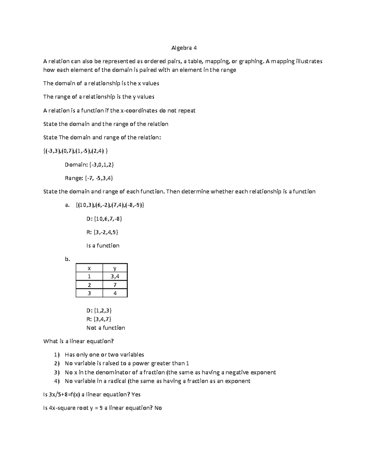 Algebra 4 - Algebra 4 A relation can also be represented as ordered ...