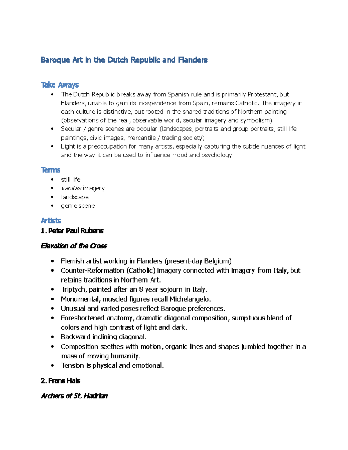 Take Aways Baroque Art in the Dutch Republic and Flanders - CL12 - UNI ...