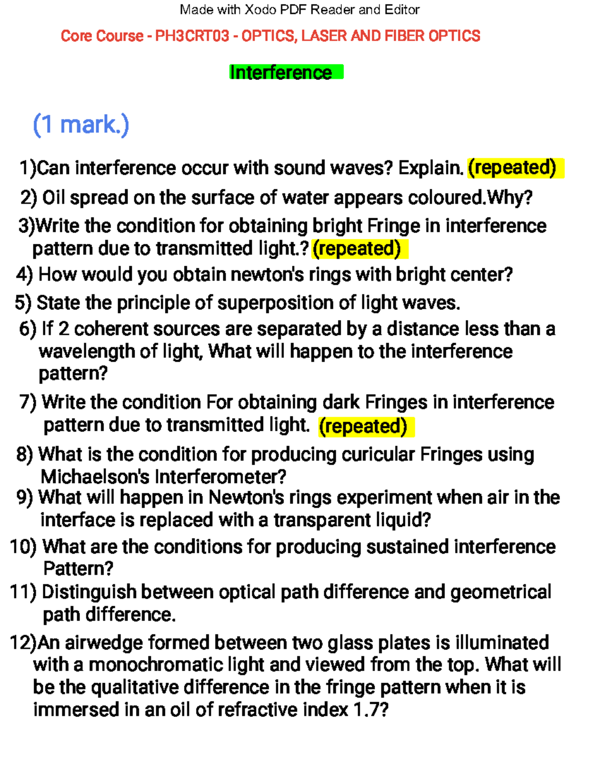 Interference previous year questions - Made with Xodo PDF Reader and Editor Core Course ...