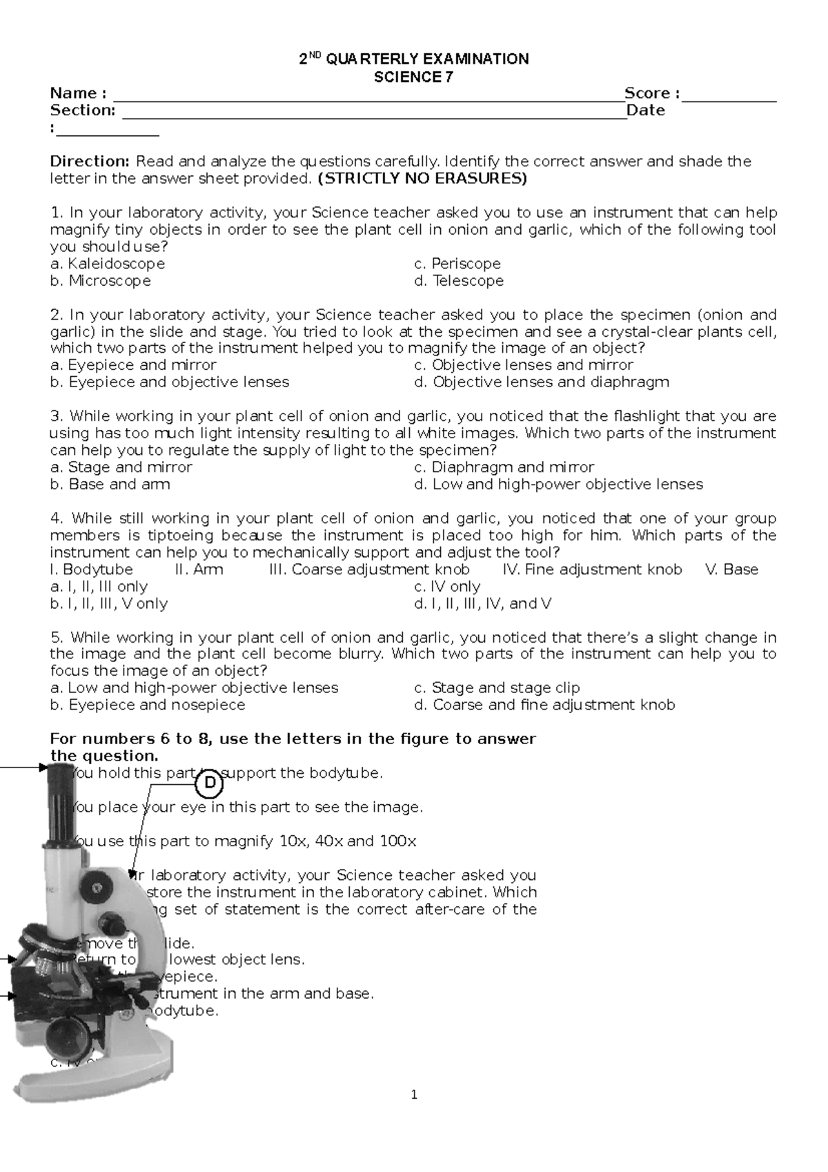 Science 7 Q2 EXAM NONE SCIENCE 7 Name Studocu
