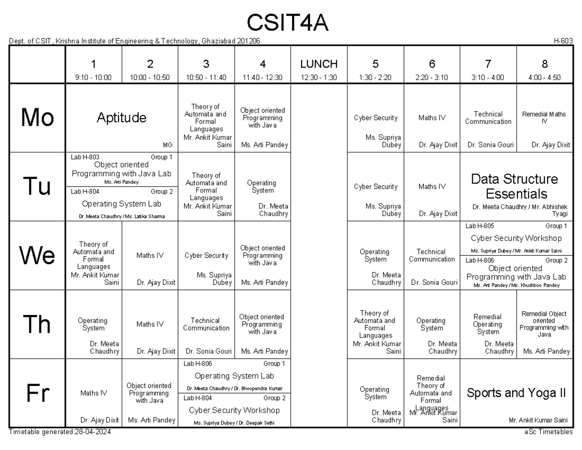 CSIT Time Table for 2nd,3rd,4th Year wef 29 April 2024 Special Mock TT ...